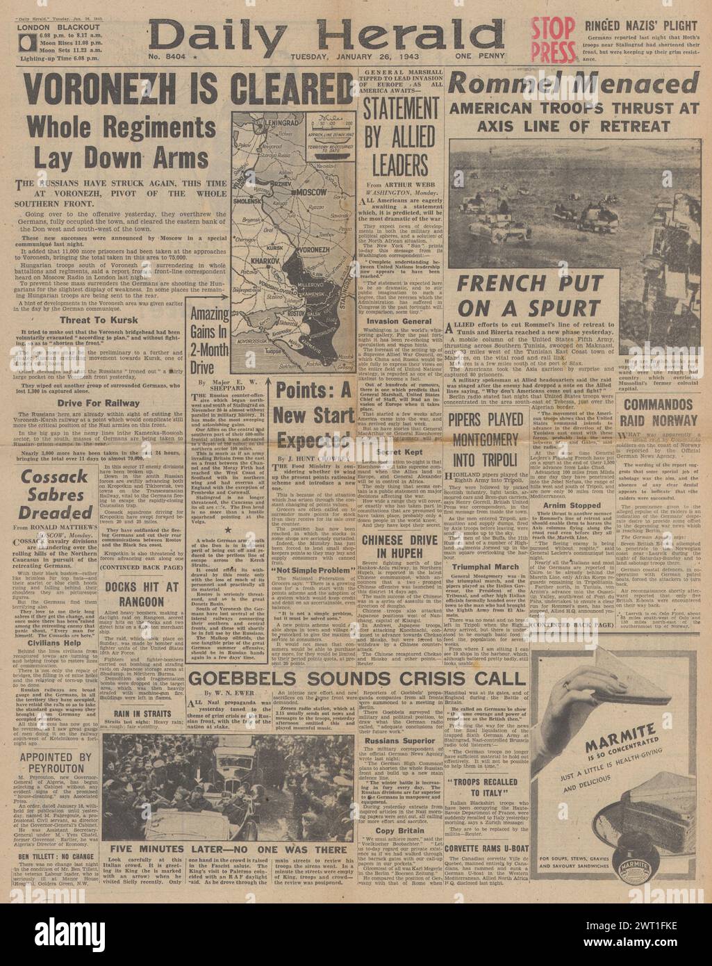 1943 Daily Herald front page reporting Red Army enter Voronezh and ...