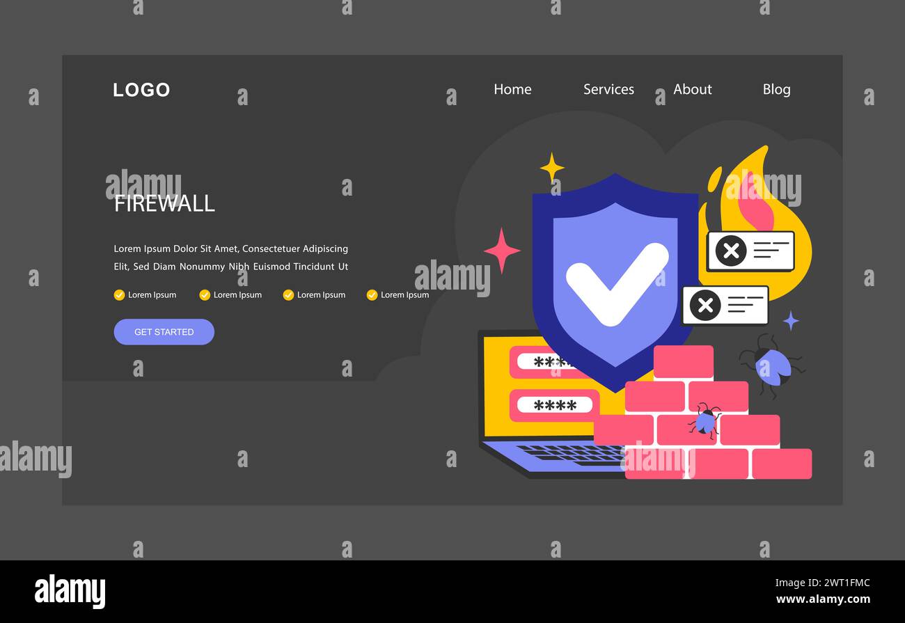 Firewall web banner or landing page dark or night mode. Network security device monitoring ...
