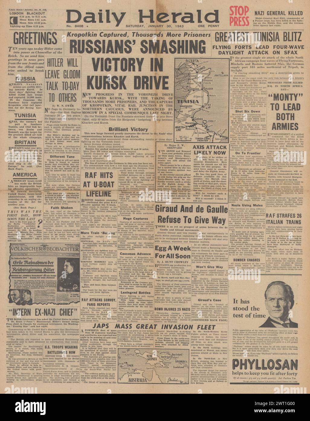 1943 Daily Herald front page reporting Red Army advance in Caucasus and ...