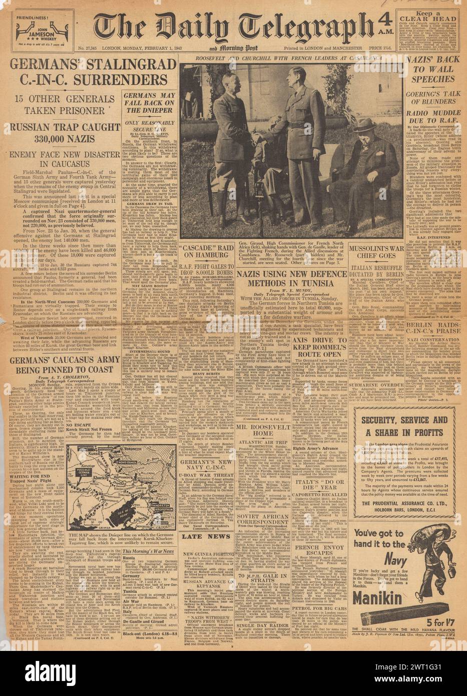 1943 The Daily Telegraph front page reporting German Army surrender at ...