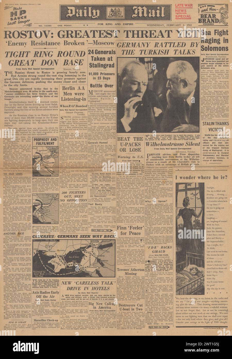 1943 Daily Mail front page reporting Battle of Stalingrad, Red Army ...