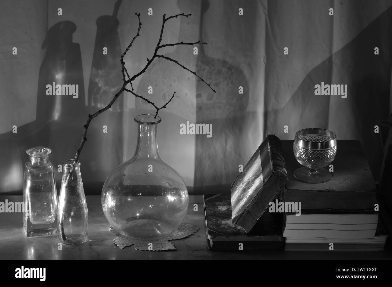 books with glass vases still life, black and white, reading, education ...