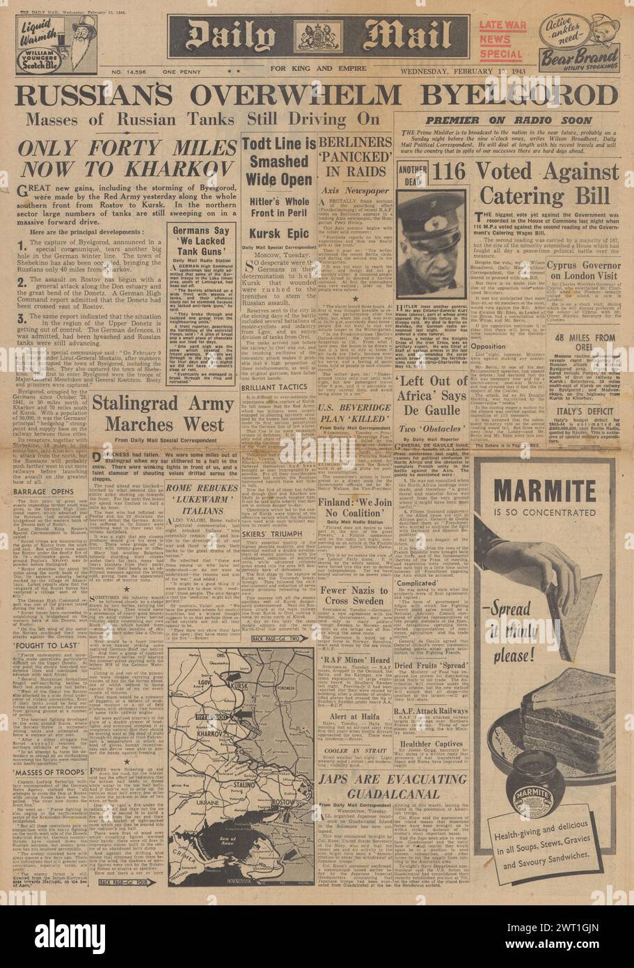 1943 Daily Mail front page reporting Red Army capture Belgorod Stock ...