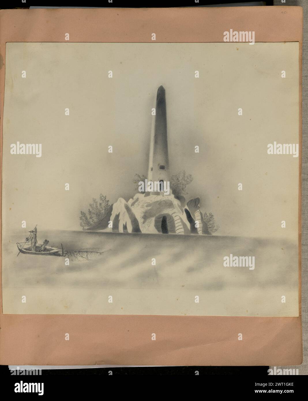 Lighthouse. Unknown mid-19th century Pencil drawing of an obelisk ...