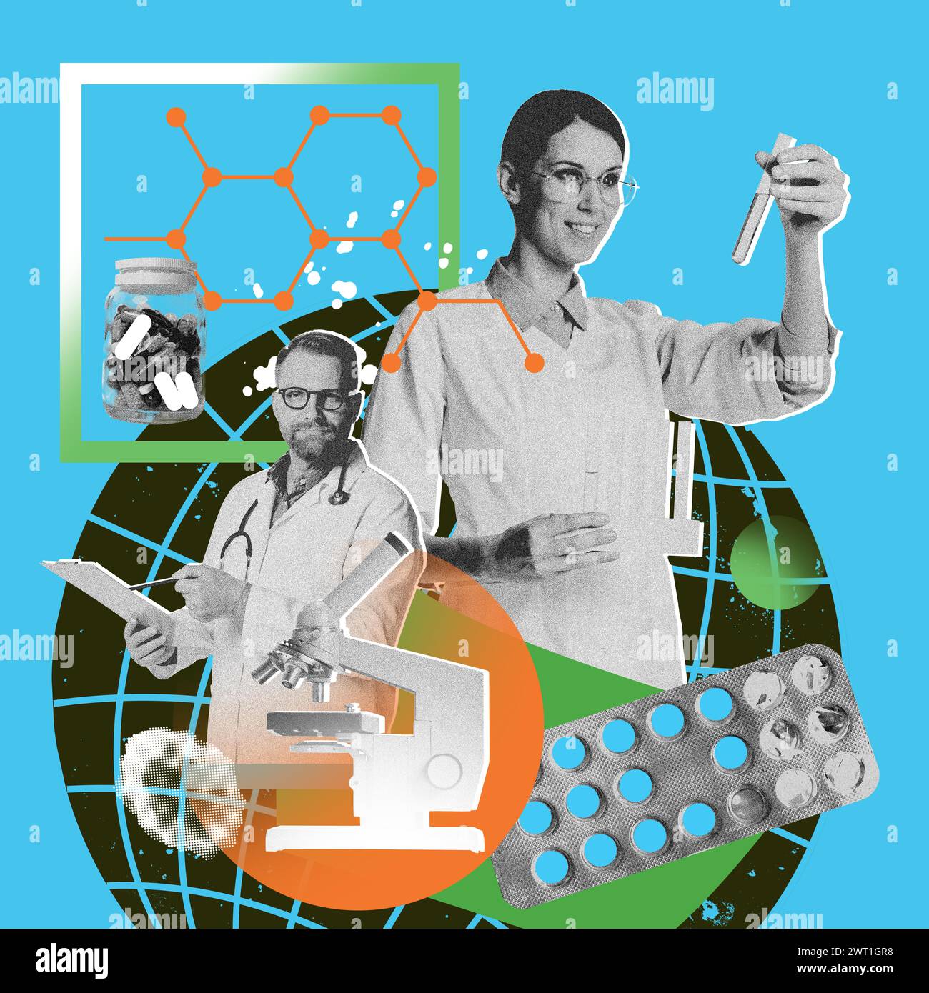 Scientists, doctors working in laboratory with medical icons of ...