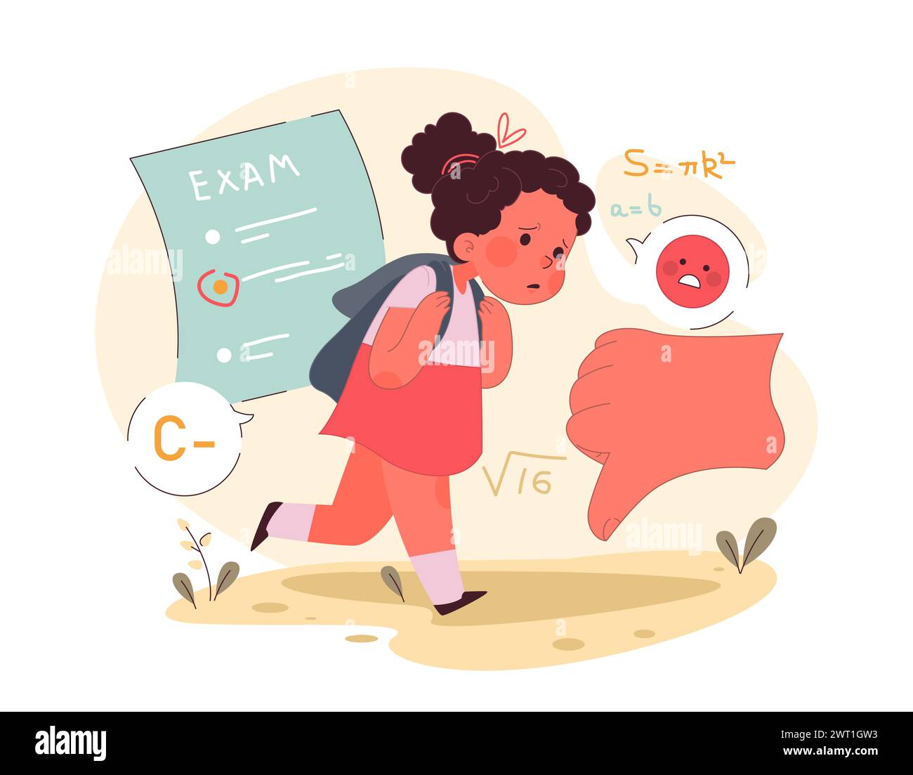 Poor school performance. Sad little girl holding a backpack with bad ...