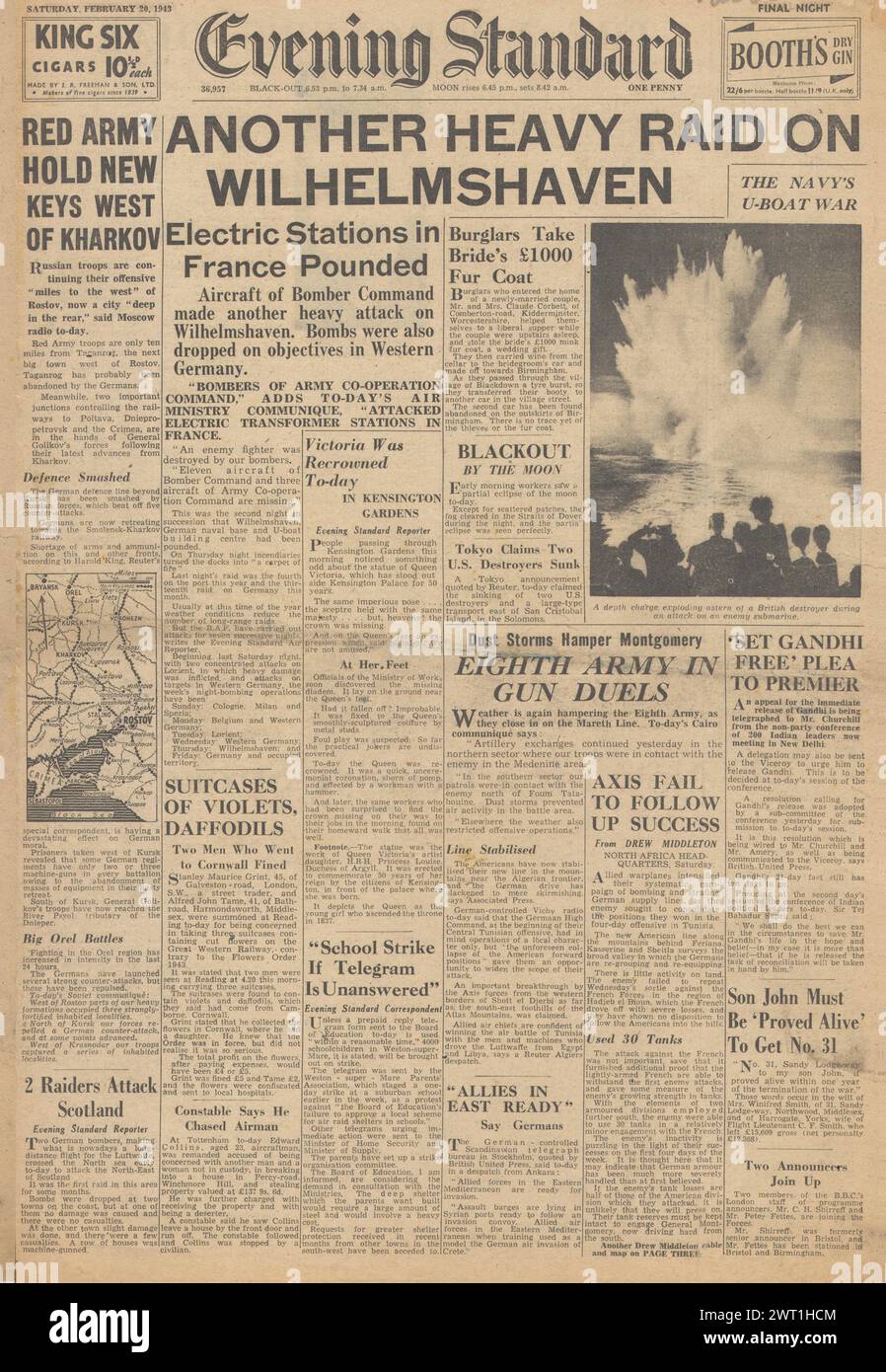 1943 Evening Standard front page reporting RAF bombing raid on ...