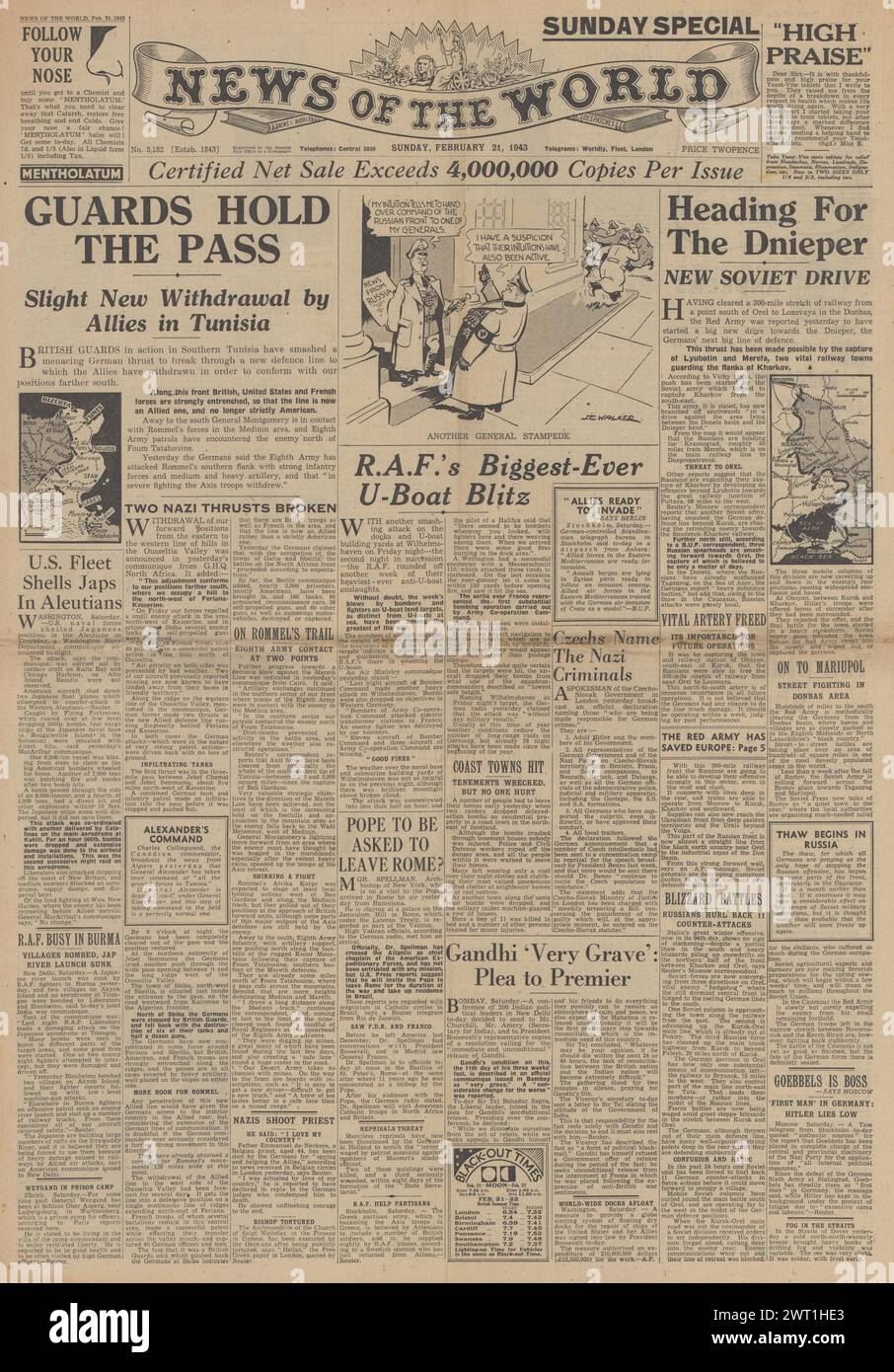 1943 News Of The World front page reporting RAF bombing raid on Wilhelmshaven, Red Army advance ...