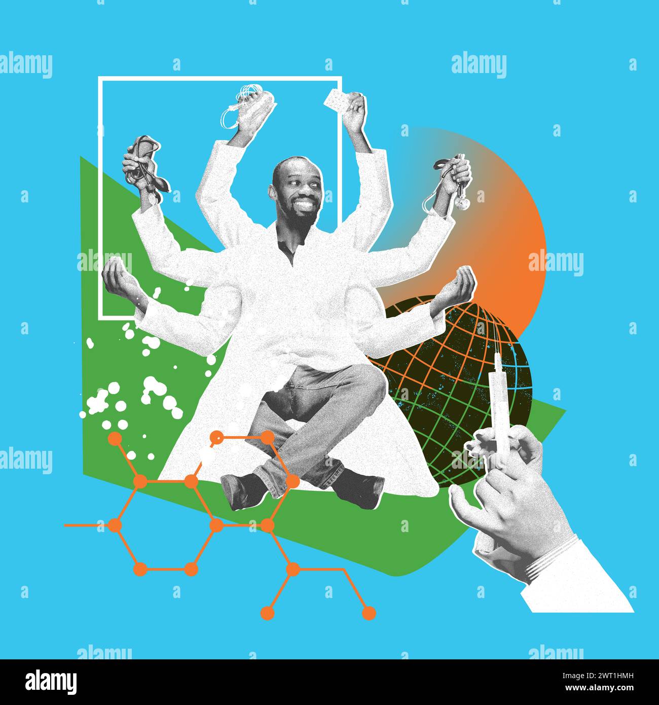 Joyful medical scientist, doctor with lab equipment and molecular model ...
