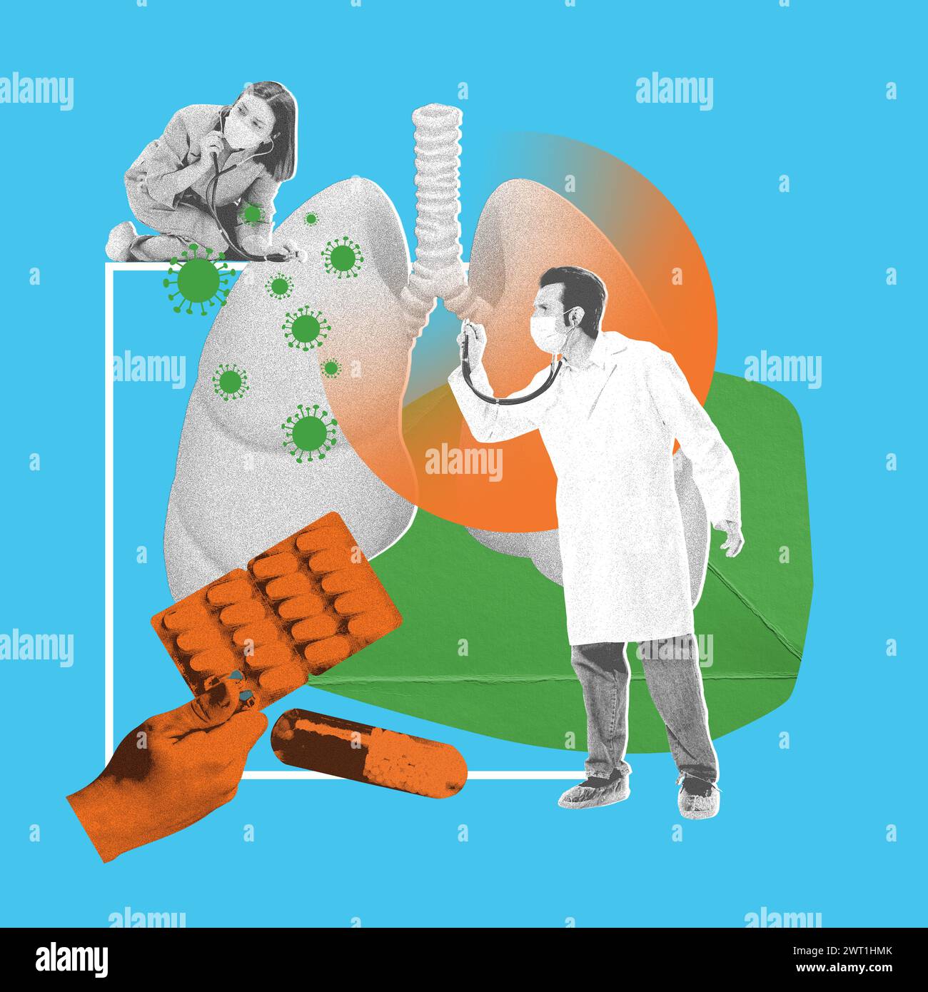 Male and female doctors doing lung examination. Virus particles and ...
