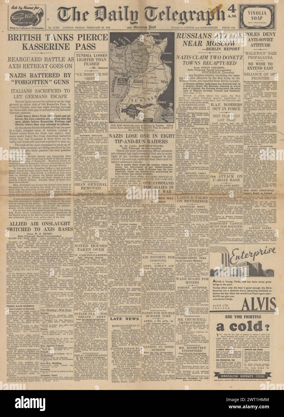 1943 The Daily Telegraph front page reporting Red Army advance on the ...
