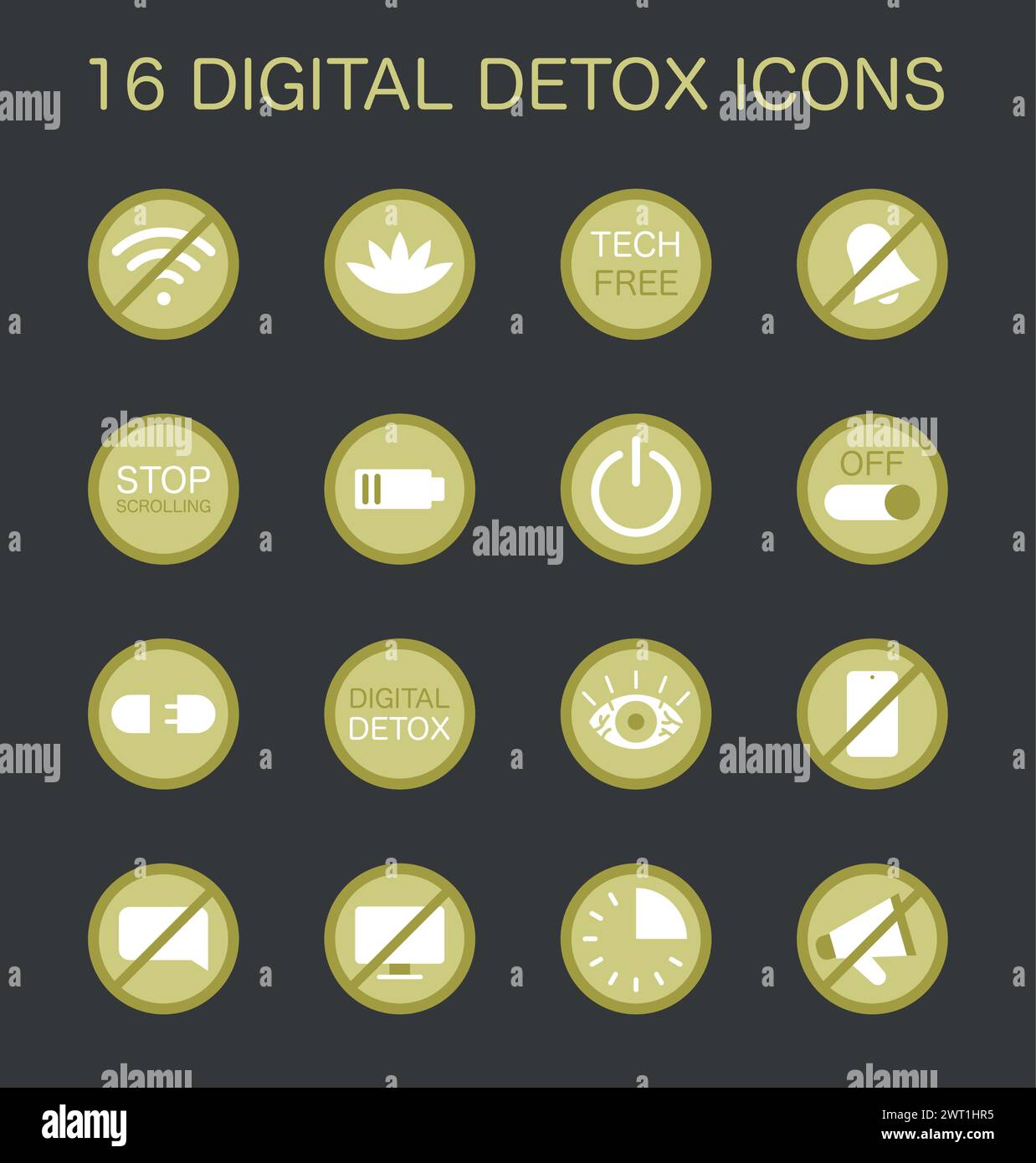 Digital detox icons set. Mindfulness, reducing screen time, and enjoying tech-free zones ...