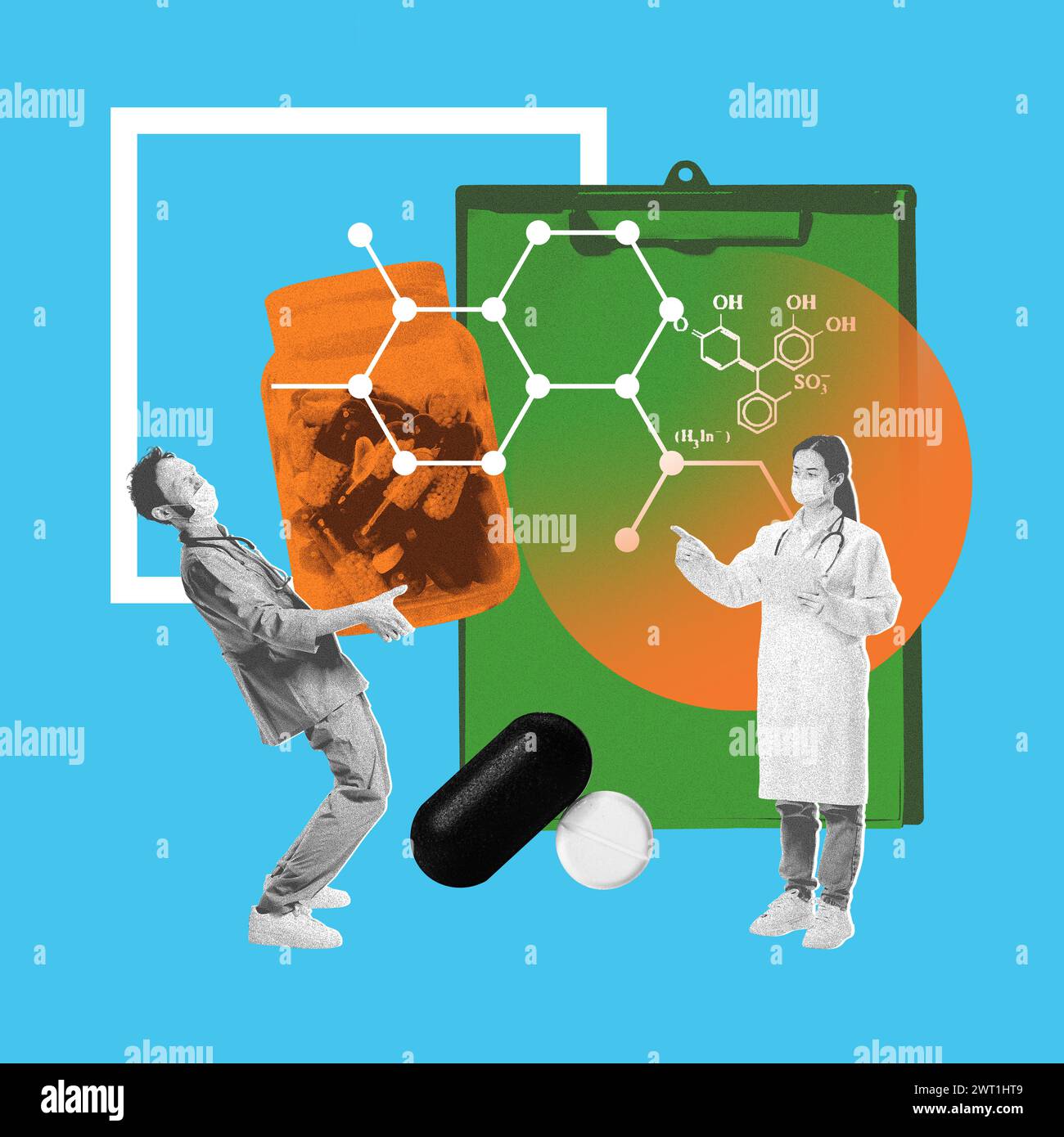 Man holding pill bottle, while woman, scientist working on chemical ...