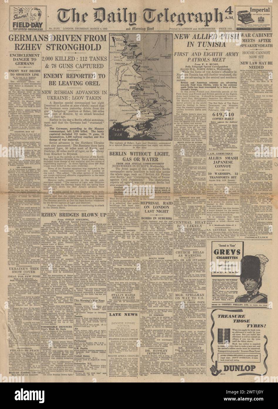 1943 The Daily Telegraph front page reporting Red Army capture Rzhev ...