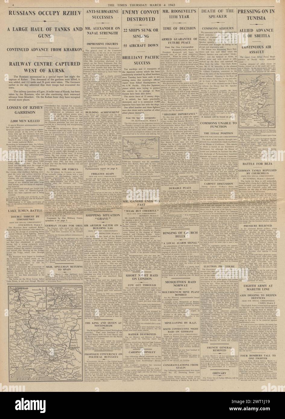 1943 The Times reporting Red Army capture Rzhev, death of Speaker ...
