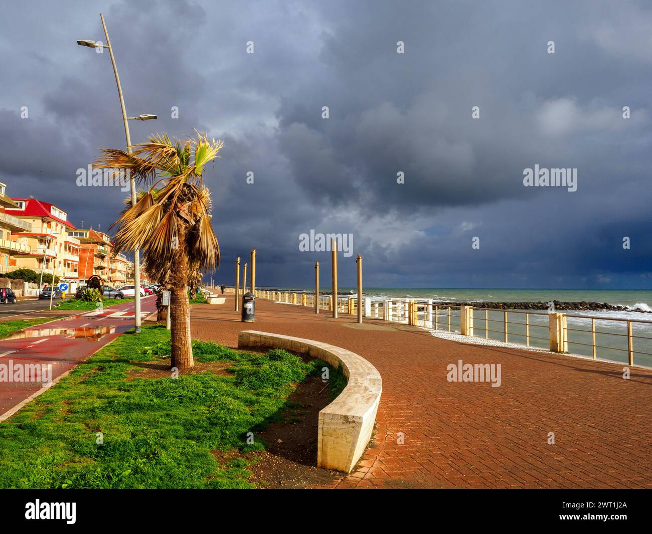 Western seafront of Ostia Lido (lungomare Duca degli Abruzzi) in winter ...