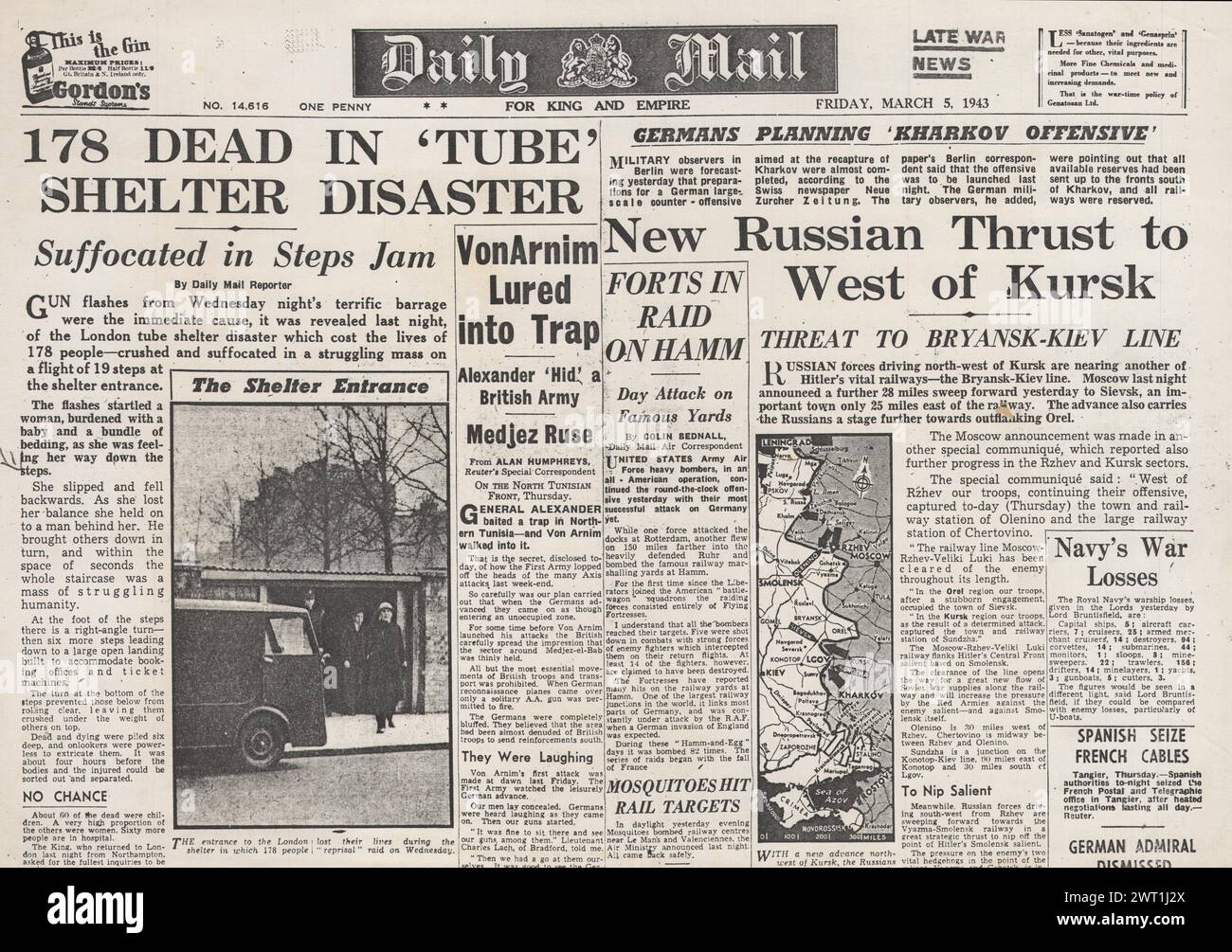 1943 Daily Mail front page reporting Red Army capture Rzhev, death of ...