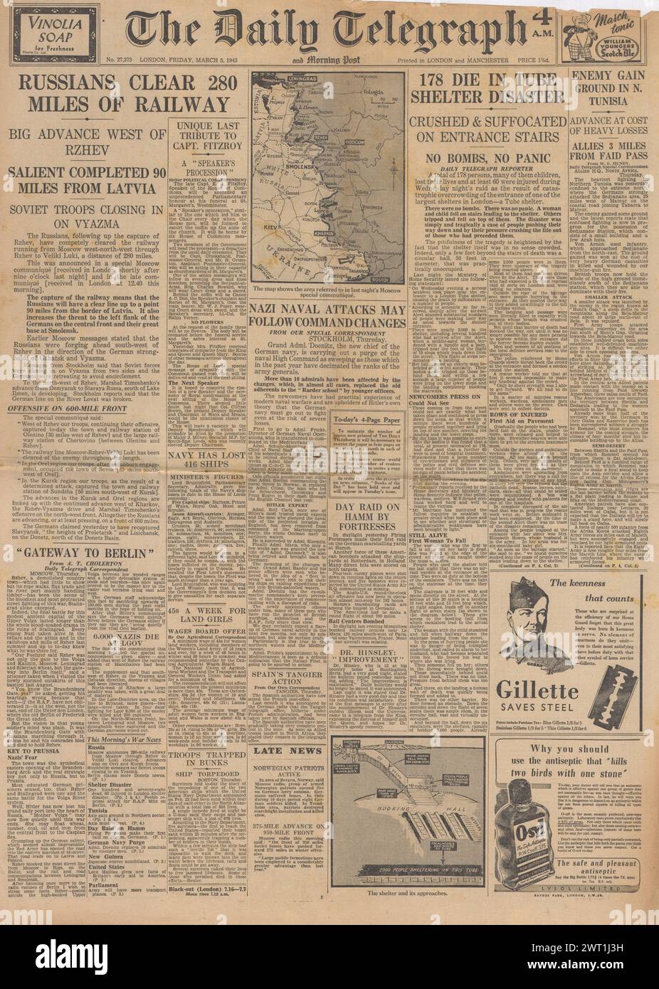 1943 The Daily Telegraph front page reporting Red Army advance on ...