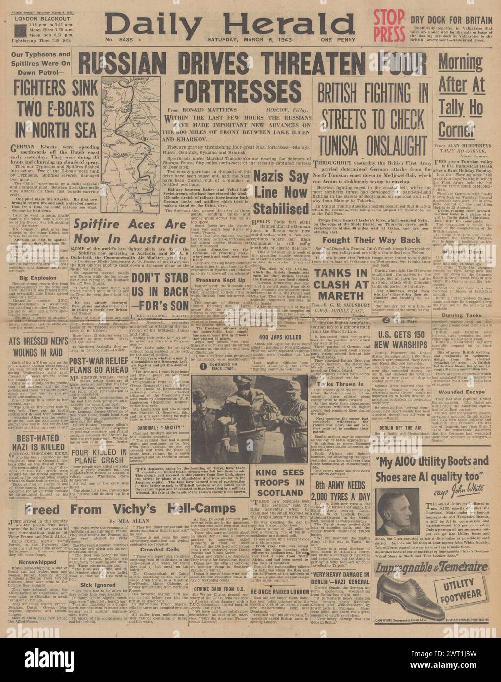 1943 Daily Herald front page reporting Red Army advance on Eastern ...