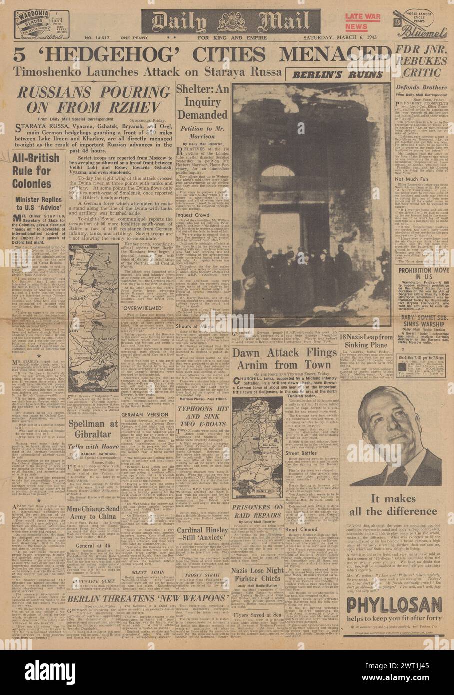 1943 Daily Mail front page reporting Red Army advance on Eastern Front ...