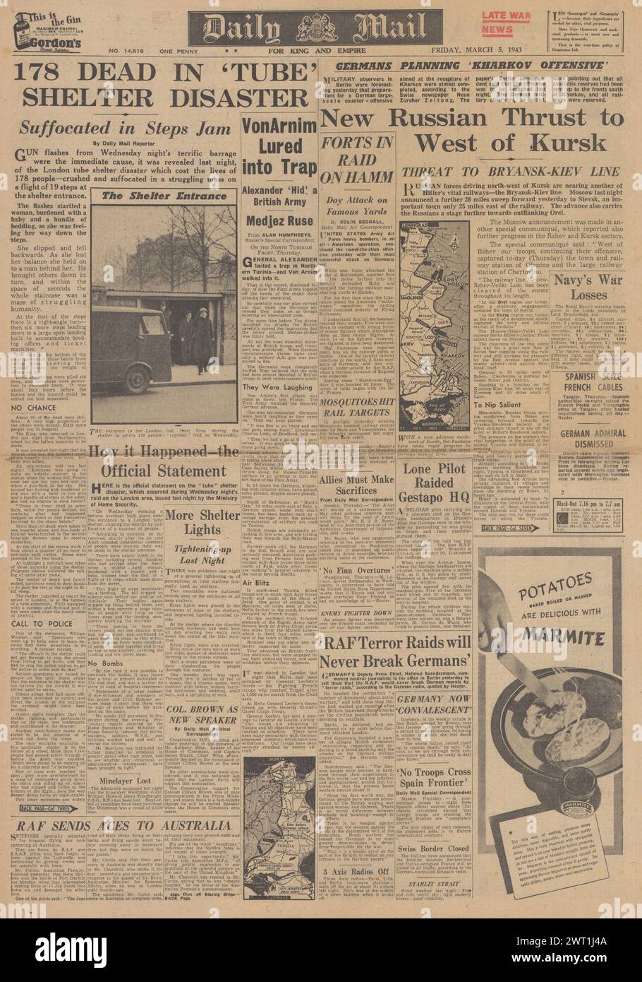 1943 Daily Mail front page reporting Red Army capture Rzhev, death of ...