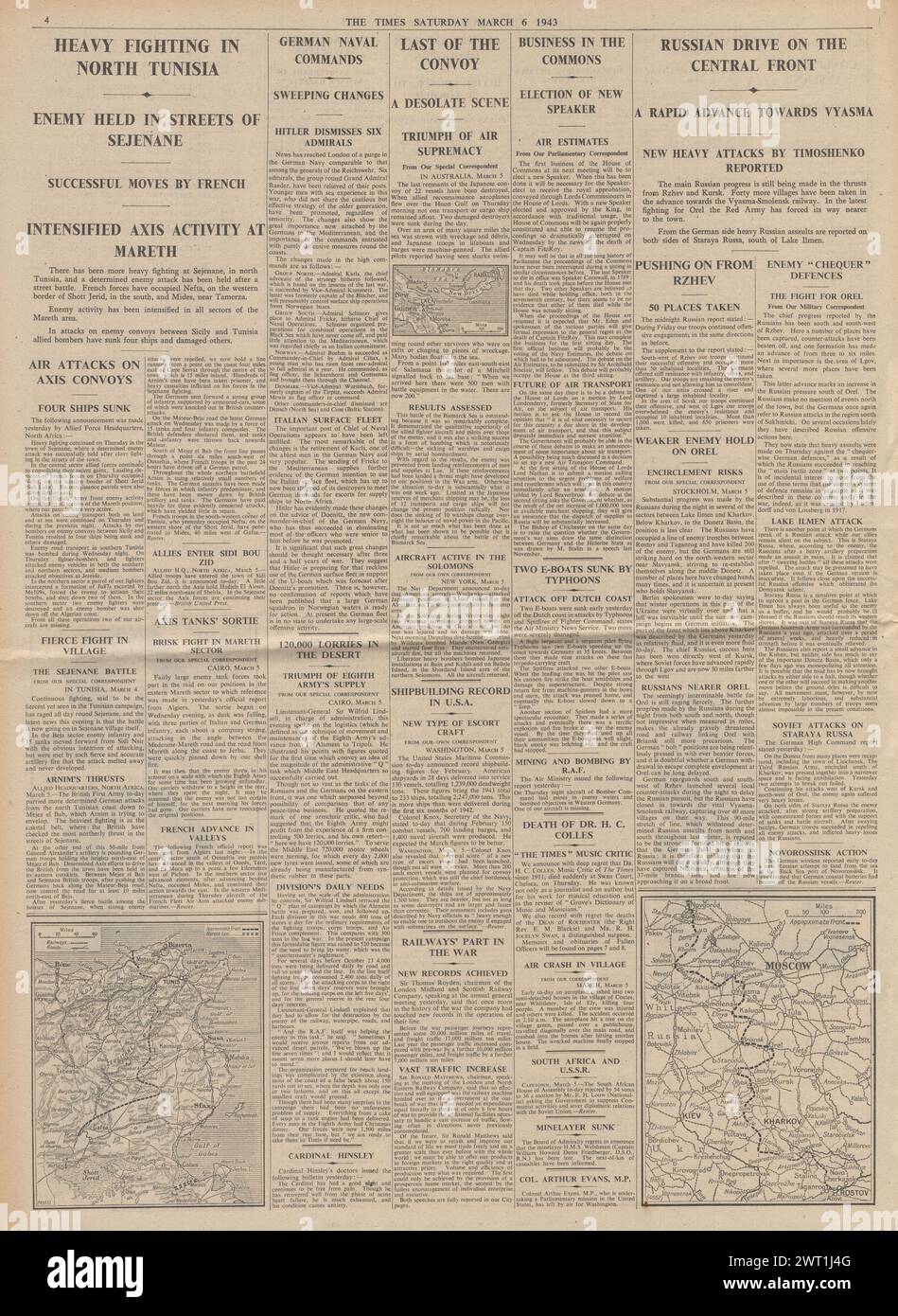 1943 The Times reporting Red Army capture Rzhev, Battle for Tunisia ...