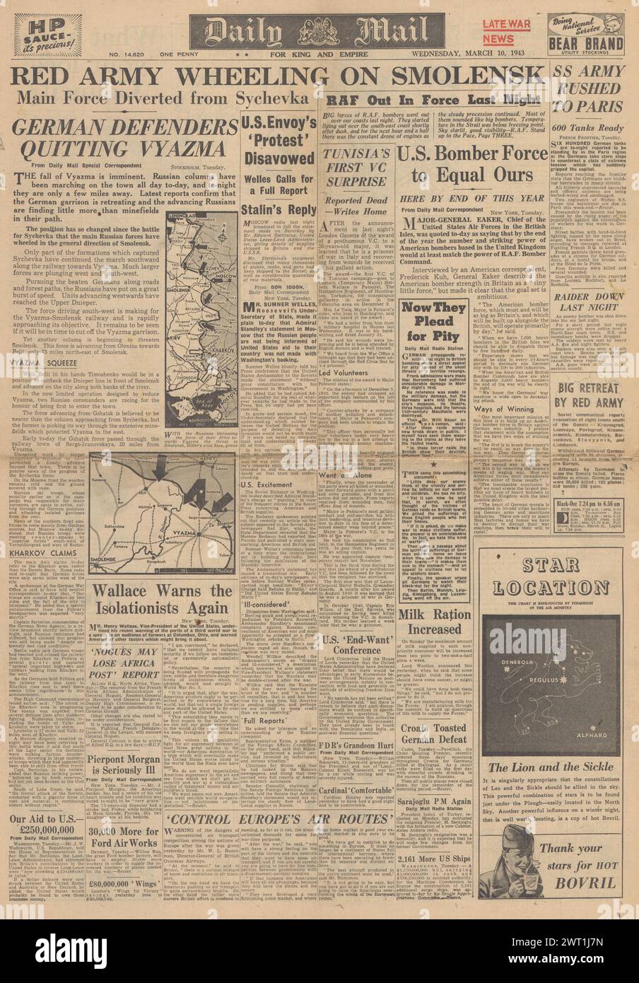 1943 Daily Mail front page reporting Red Army advance on Smolensk and ...
