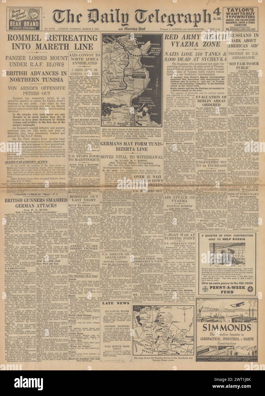 1943 The Daily Telegraph front page reporting Red Army advance on ...