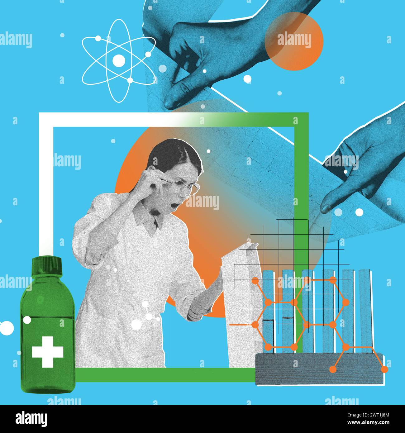 Emotional woman, doctor, scientist looking on cardiogram with laboratory equipment and medicine ...