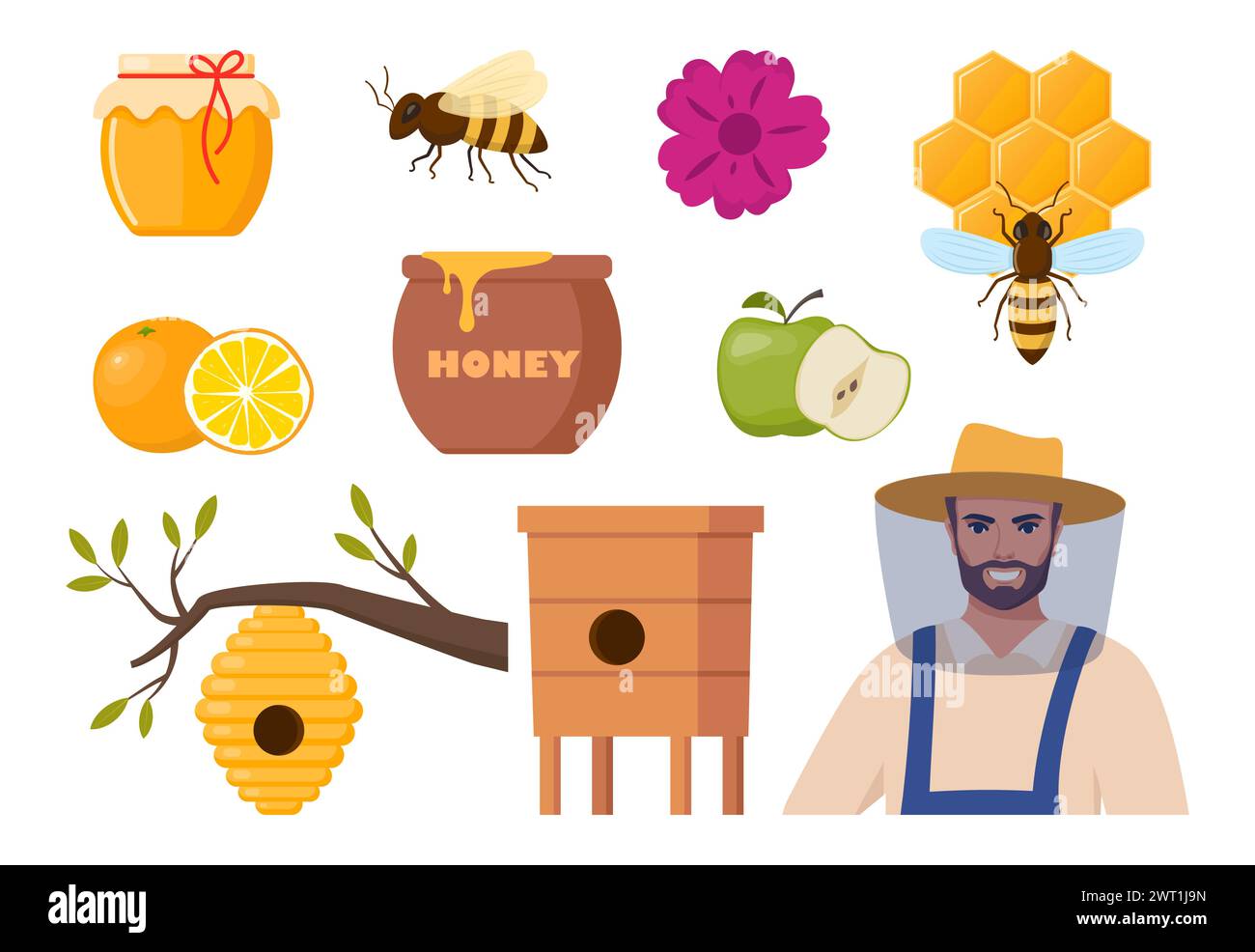 Beekeeping set. Beekeeper character, beehive, bee, honeycombs, honey ...