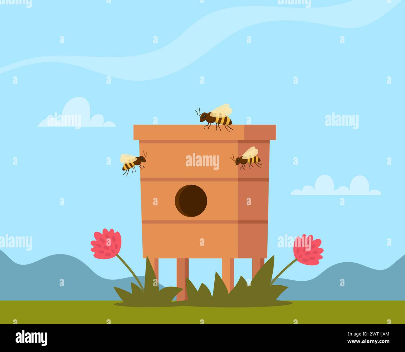 Apiary hive and honey bees. Farm with beehives and flowers garden ...