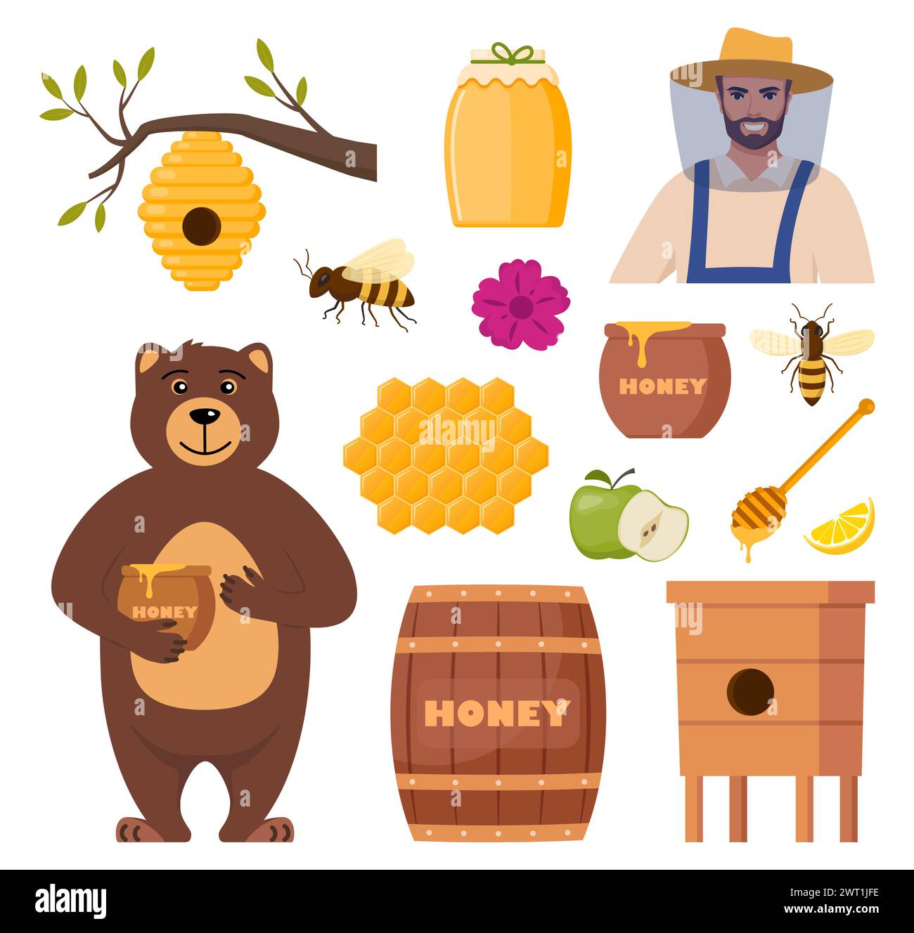 Beekeeping set. Beekeeper character, beehive, bee, honeycombs, honey ...