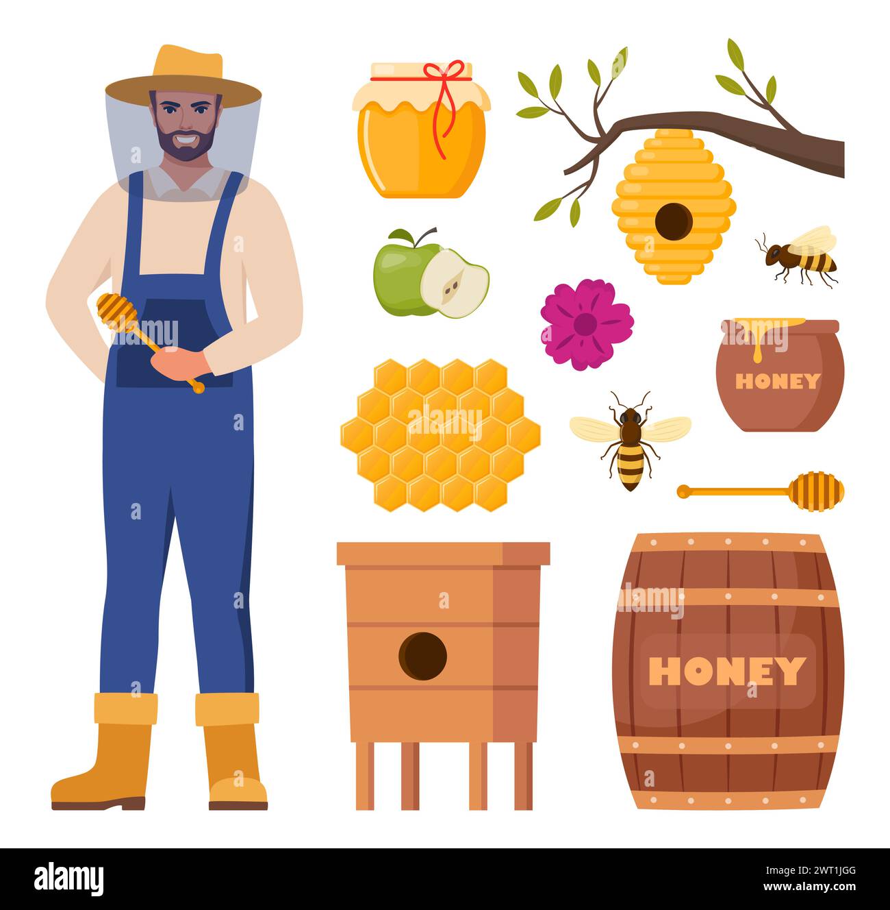 Beekeeping set. Beekeeper character, beehive, bee, honeycombs, honey ...
