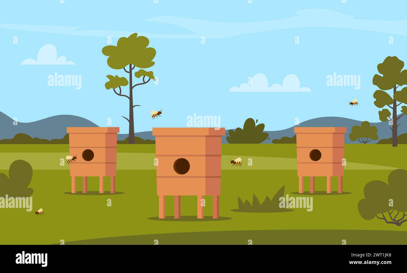 Apiary with hives and honey bees. Farm with beehives and flower garden ...