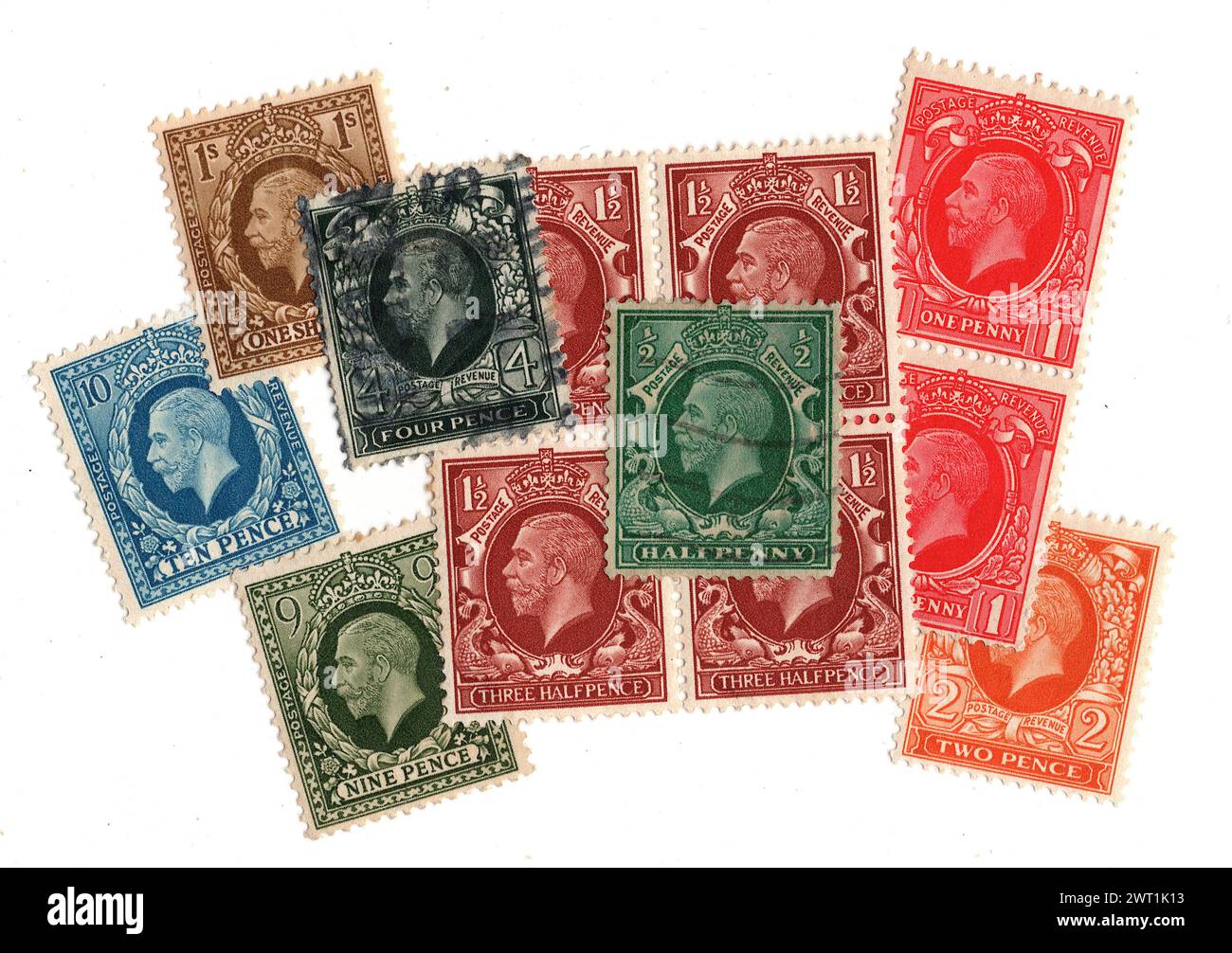 Vintage King George V postage stamps from Great Britain isolated on a ...