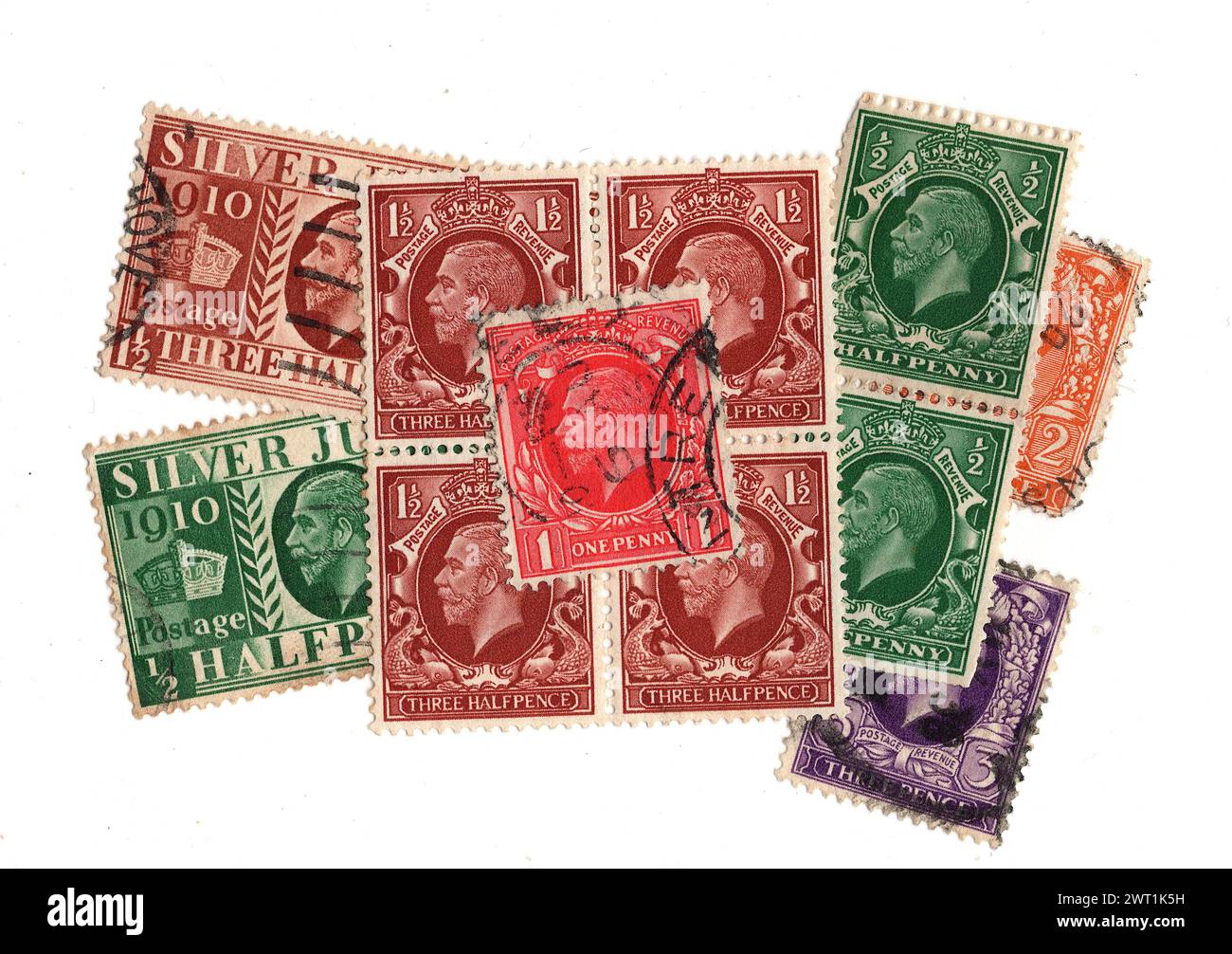 Vintage King George V postage stamps from Great Britain isolated on a ...