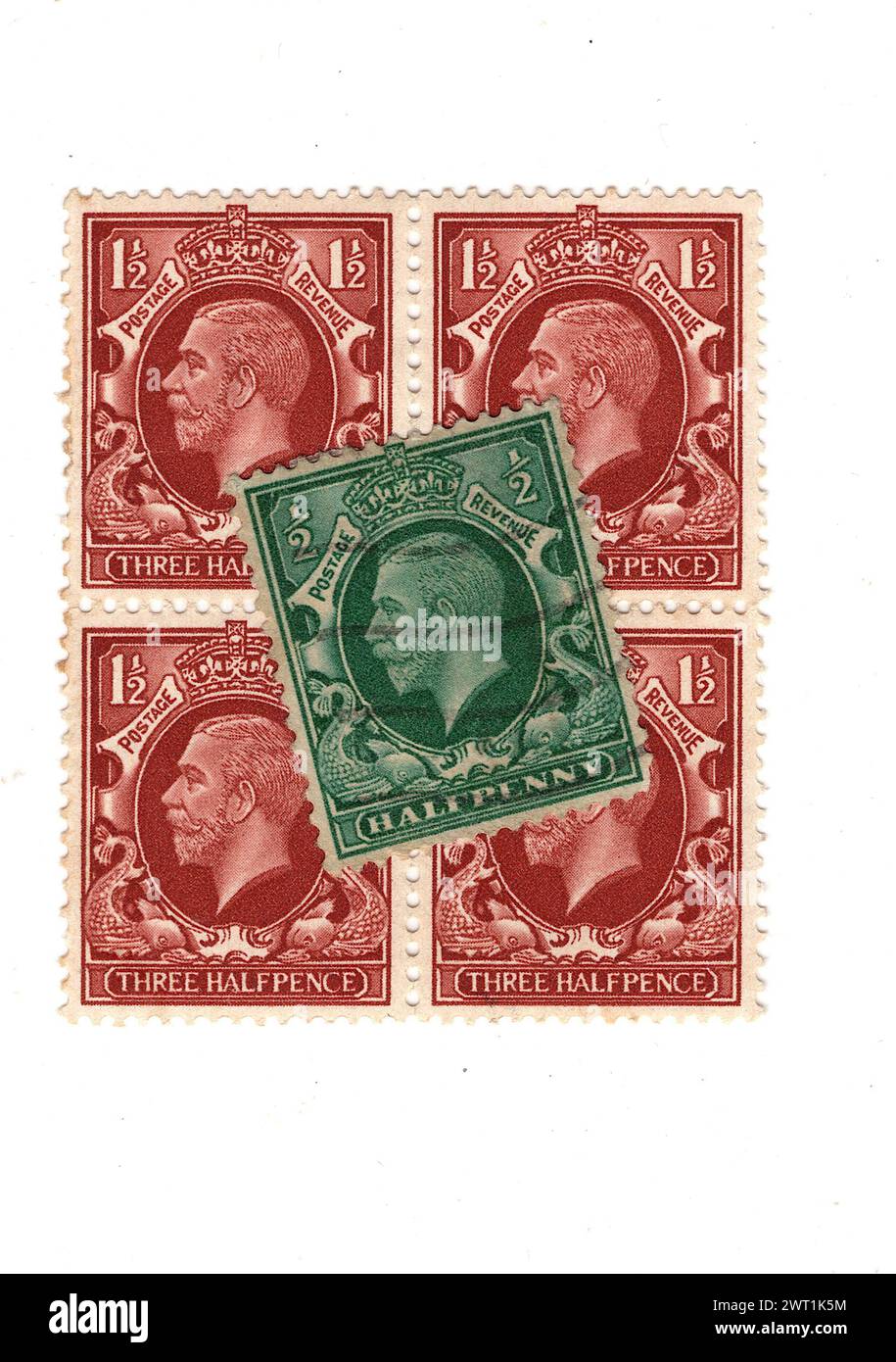 Vintage King George V postage stamps from Great Britain isolated on a ...