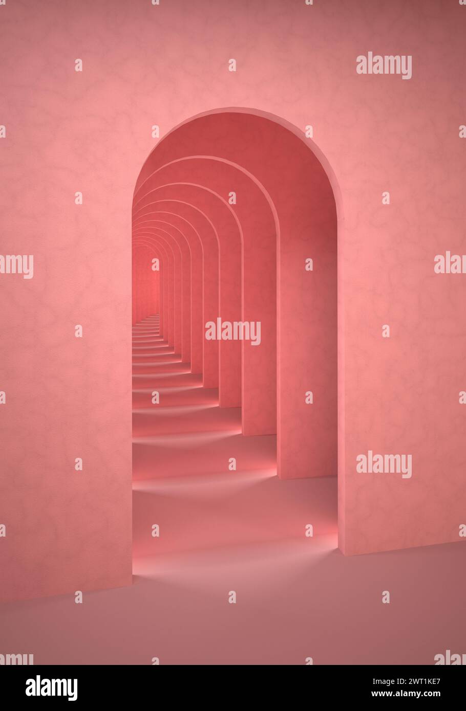 Abstract pink surreal 3d render. Arch corridor pastel pink background ...