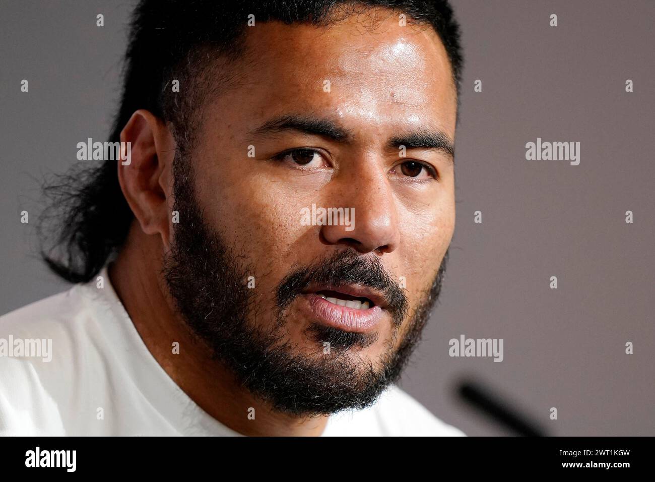England’s Manu Tuilagi during a press conference at the Groupama ...