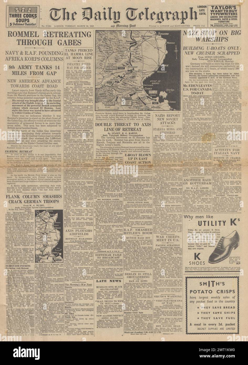 1943 The Daily Telegraph front page reporting Eighth Army capture Gabes ...