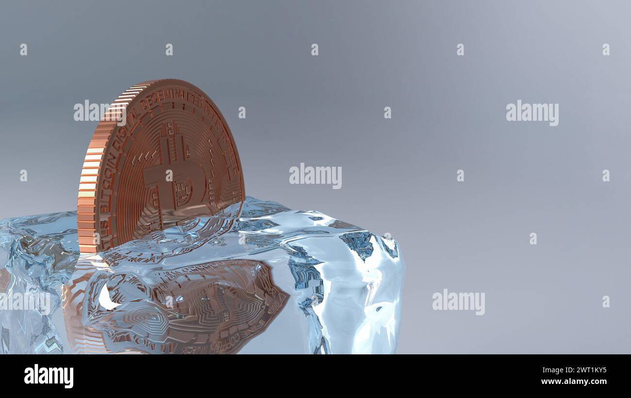 3D render - Bitcoin souvenir coin frozen in ice Stock Photo - Alamy