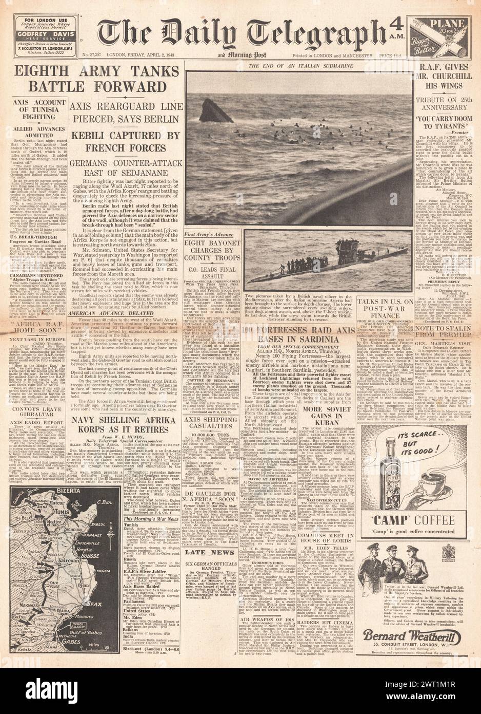 1943 The Daily Telegraph front page reporting Battle for Tunisia ...