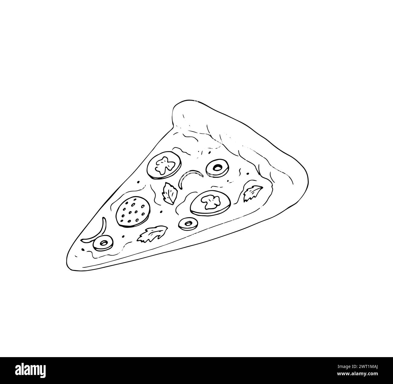 Hand-drawn pizza slice. Pizza with salami, tomato, olives, basil leaf ...