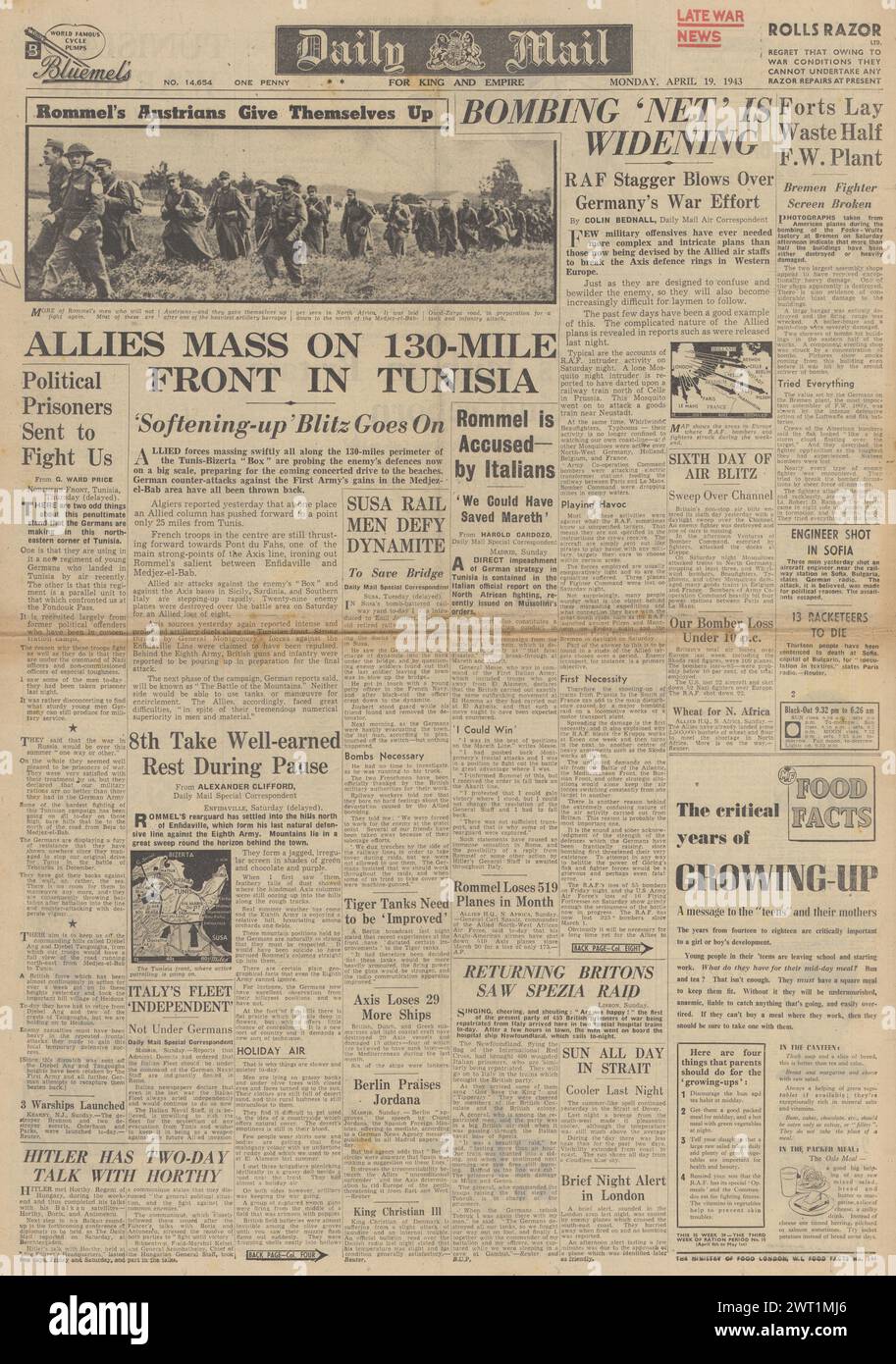 1943 Daily Mail front page reporting Africa Corps retreats in Tunisia ...