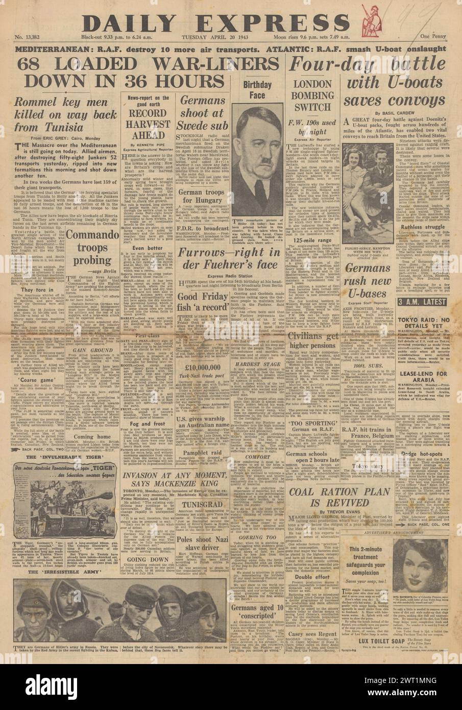 1943 Daily Express front page reporting Africa Corps retreats in ... 1943 Daily Express front page reporting Africa Corps retreats in ...