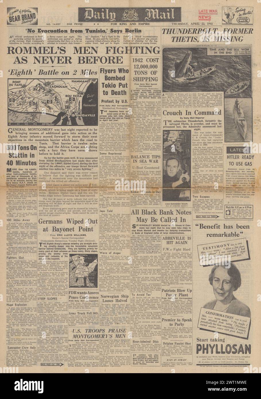 1943 Daily Mail front page reporting Battle for Tunisia, RAF bomb ...