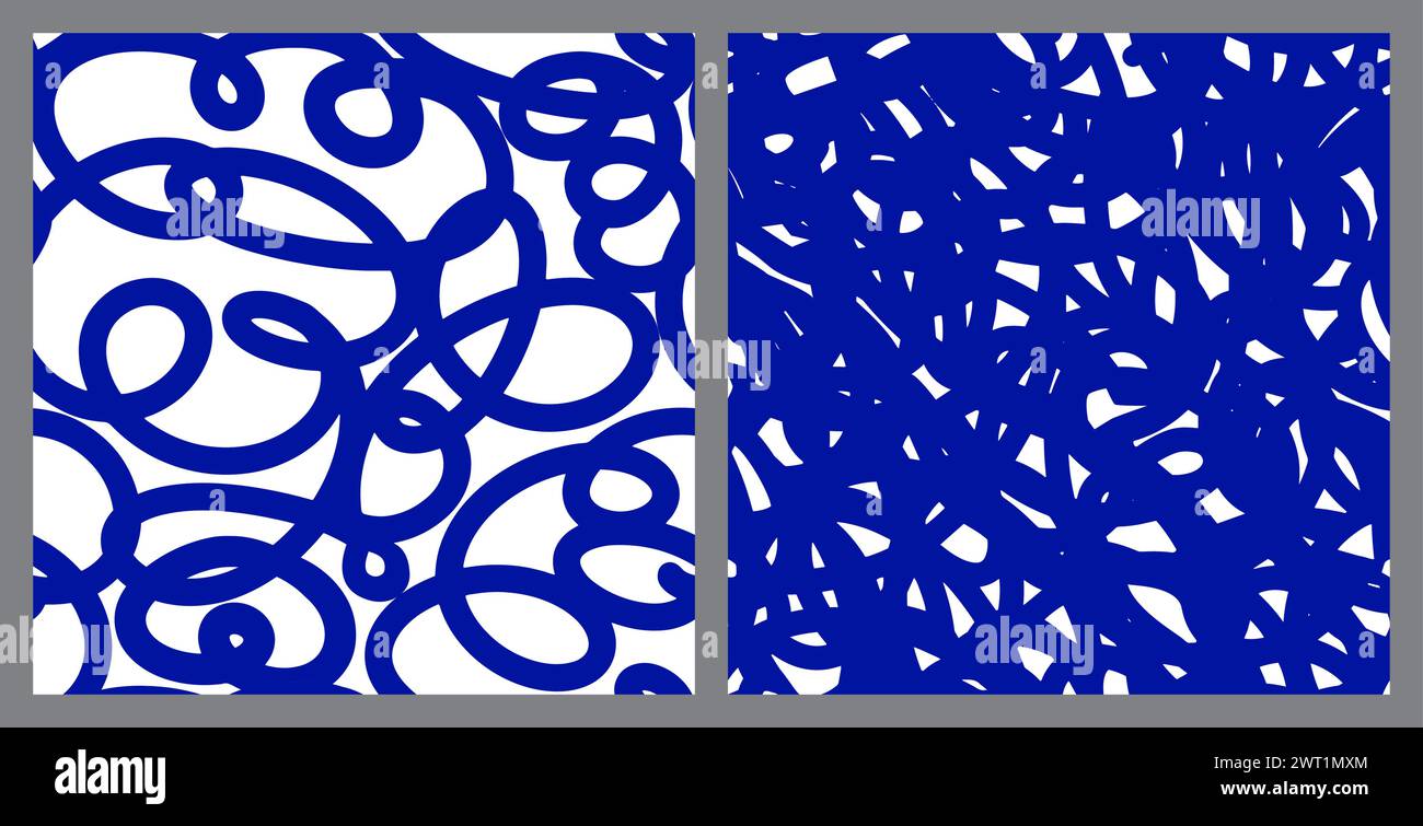 Seamless pattern set with abstract free curlicue lines in blue pen ...