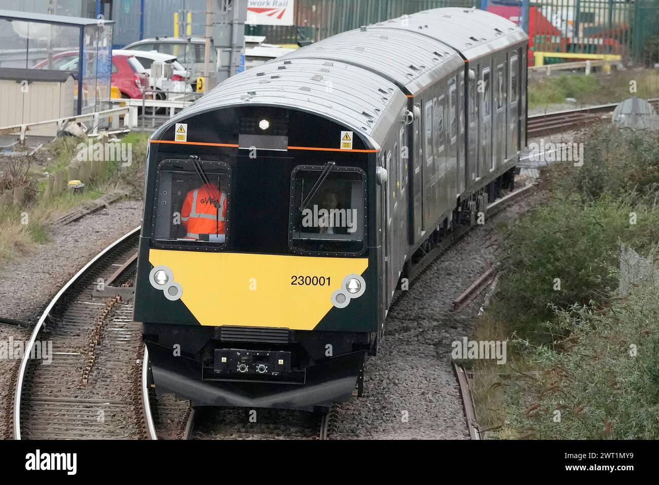 A fast charge battery powered trial train is driven into West Ealing ...