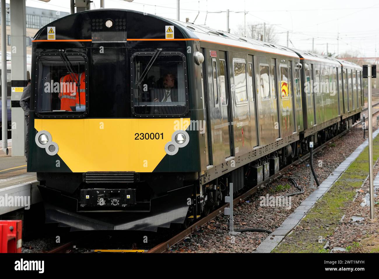 A fast charge battery powered trial train sits in its charging point at ...