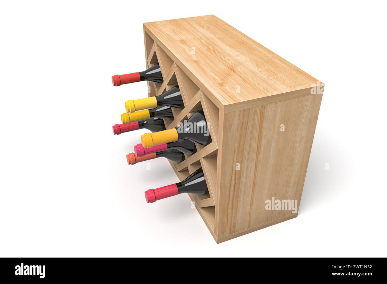 Slanted view of wooden wine rack with bottles Stock Photo - Alamy